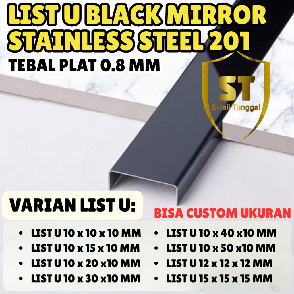 Jual LIST U MIRROR BLACK (KILAP) VARIAN 10MM -15MM TEBAL 0.8MM PANJANG ...