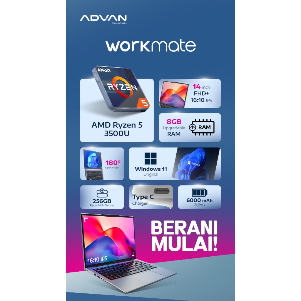 Jual Laptop Terbaru Murah ADVAN WORKMATE Amd Ryzen 5 3500U Ram 8GB 256GB Ssd Windows 11 Original ...