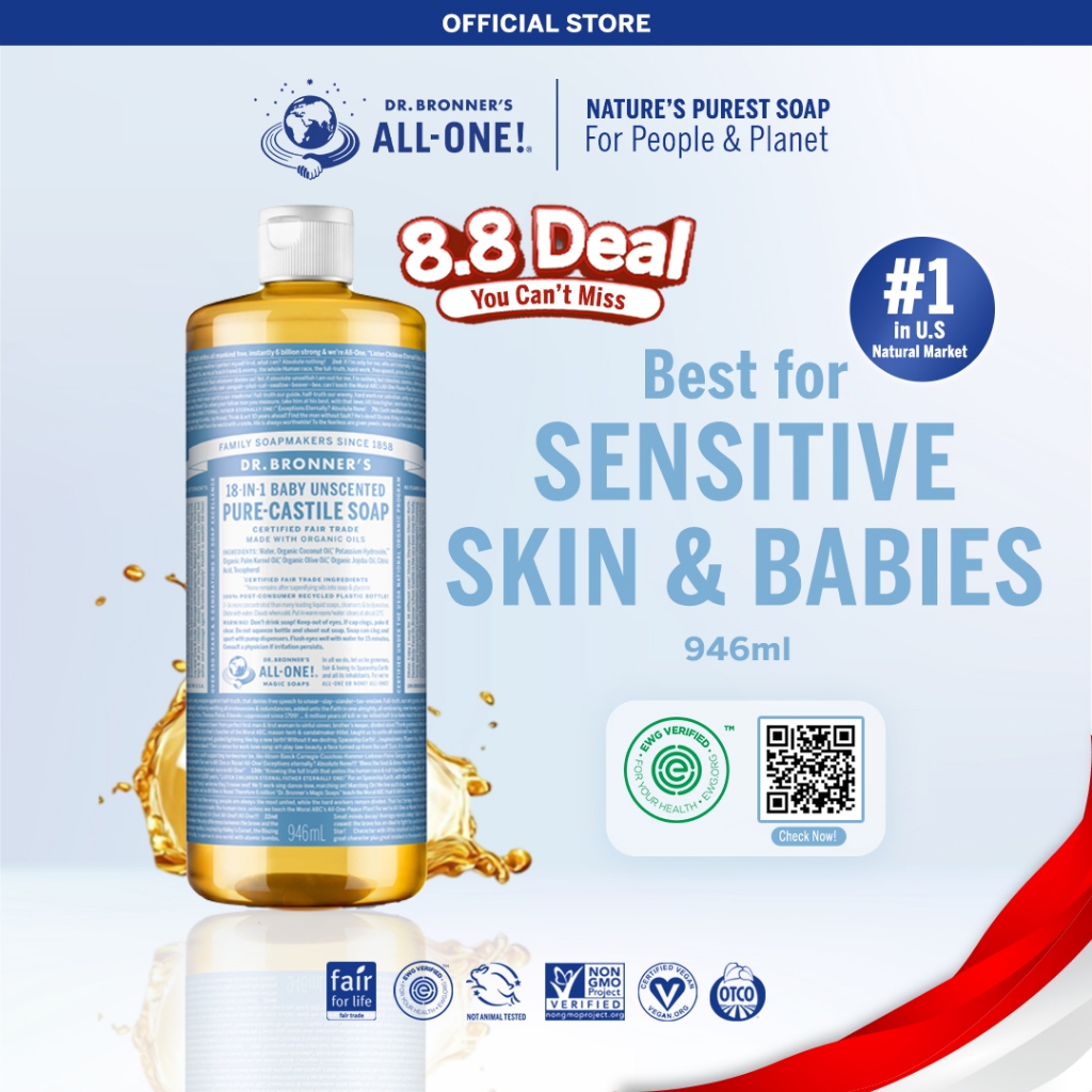 Jual Dr. Bronner's Liquid Soap Unscented Pure Castile 946ml Sabun Cair Organik | Shopee Indonesia