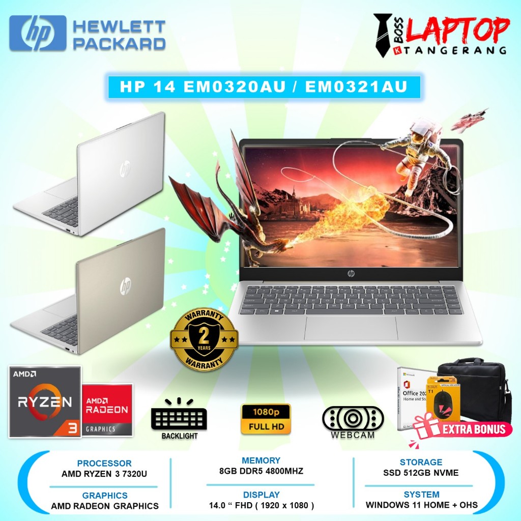 Jual Laptop HP 14 EM0332AU / EM0333AU AMD Ryzen 3 7320U 8GB 512GB SSD ...