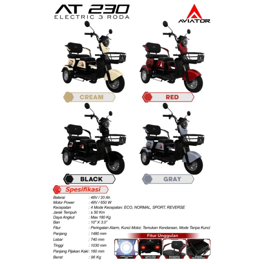 Jual SEPEDA RODA 3 AVIATOR AT - 230 Dinamo 800 WATT | Shopee Indonesia