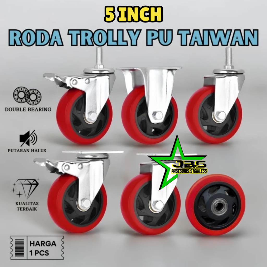 Jual RODA TROLI 5" INCH PU MERAH TAIWAN+DOUBLE BEARING HEAVY DUTY ...