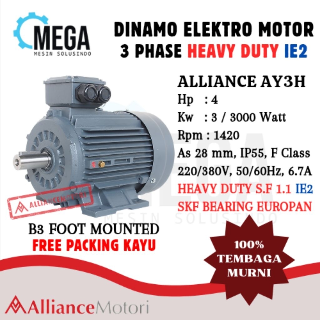 Jual Alliance Dinamo 3 Phase IE2 4 HP 3 KW 1400Rpm HEAVY DUTY -- AY3H ...