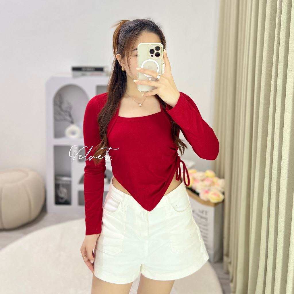 Jual Crop Top Lengan Panjang Serut Samping Korean Style / Atasan Square ...
