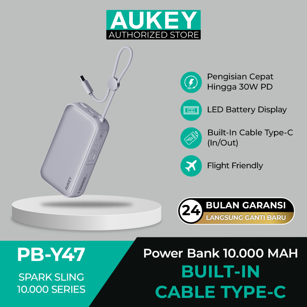Jual Aukey Powerbank 10000 mAh Built in Cable Type C 30W LED Display ...