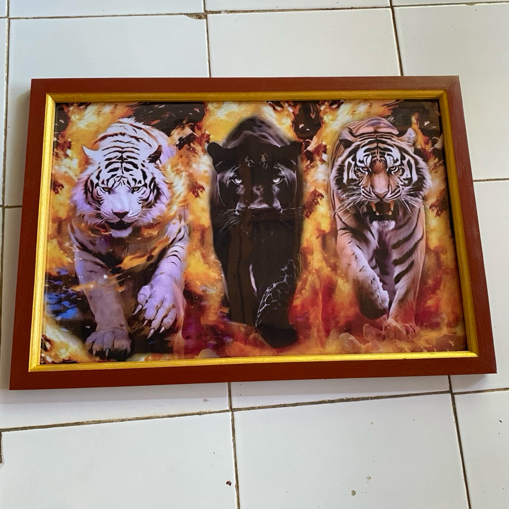 Jual Hiasan dinding lukisan cetak gambar 3 macan dan api plus bingkai ...