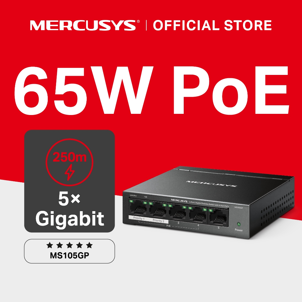 Jual Mercusys | MS105GP | 5-Port Gigabit PoE+ Switch | 65W High Power ...