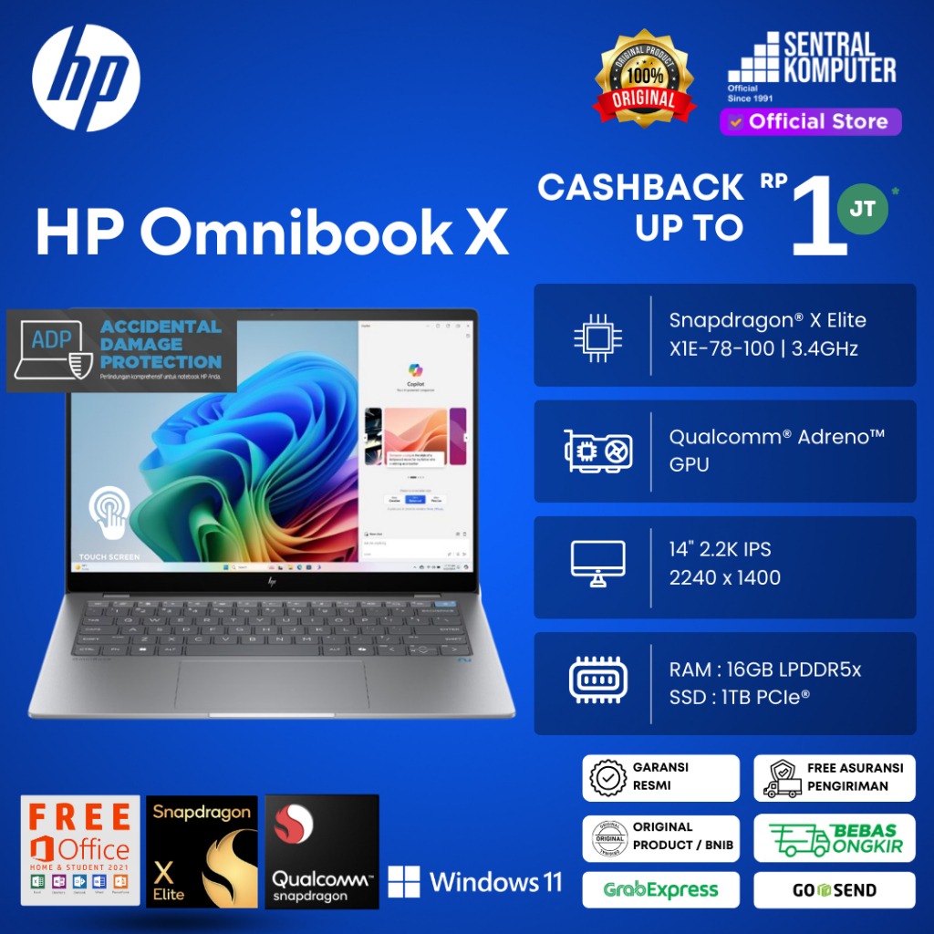 Jual HP OmniBook X 14-FE0333QU SNAPDRAGON X ELITE X1E 78100 32GB 1TB 14 ...