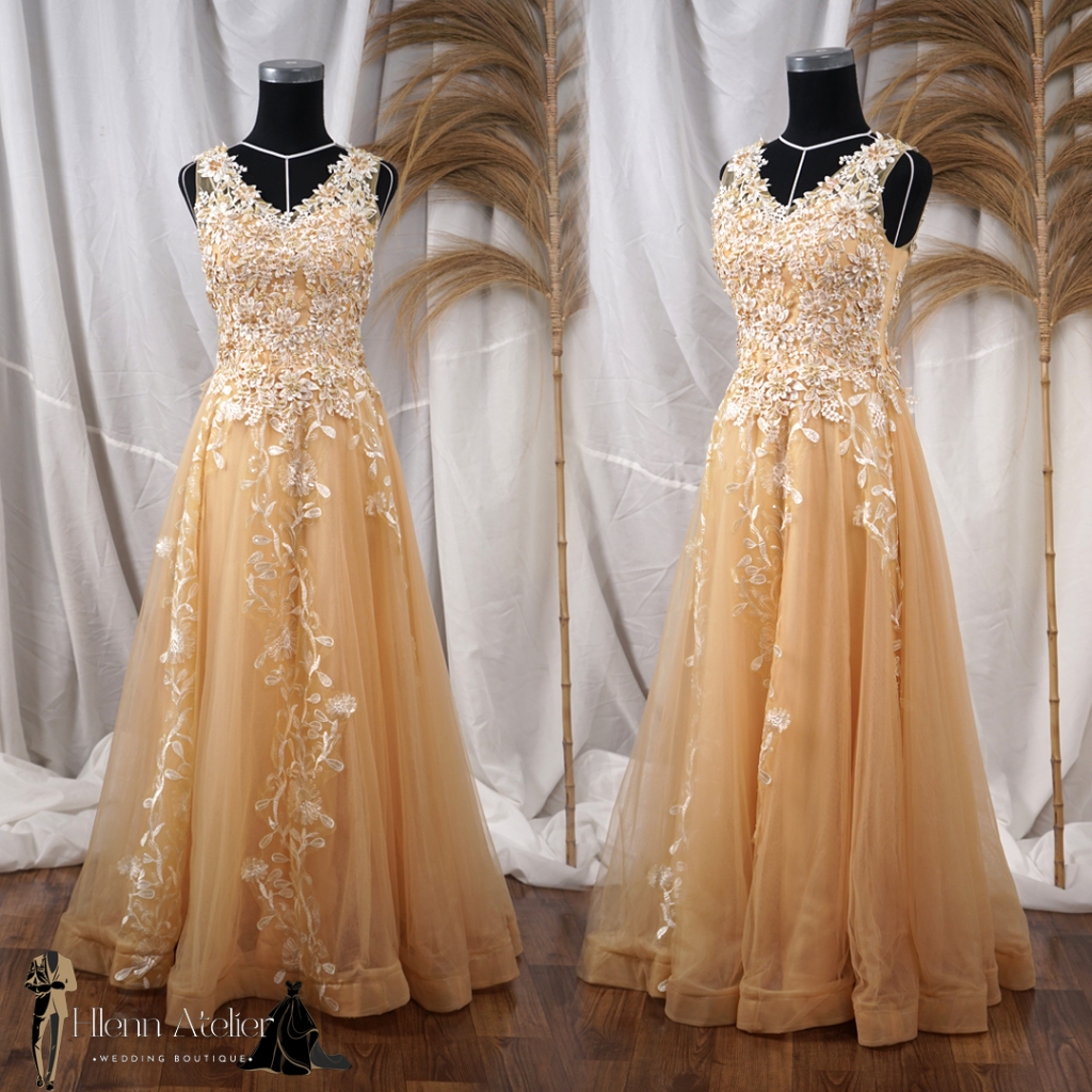 Jual [FOR RENT] Gaun Pesta Gold Brokat/ Sleeveless Party Dress Payet G ...