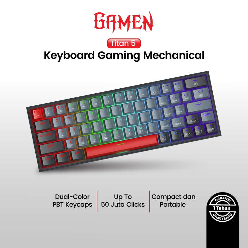 Jual GAMEN Titan V Grey Keyboard Mechanical 60% Compact 63 Keys, 12 ...