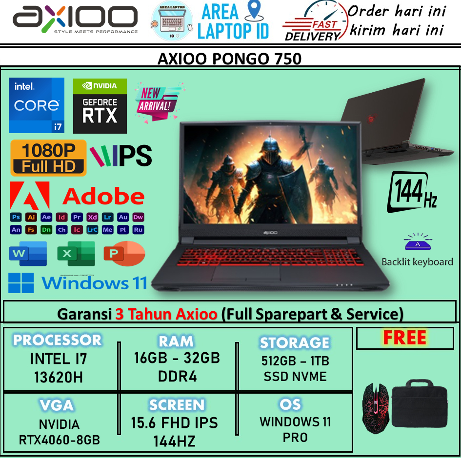 Jual AXIOO PONGO 750 INTEL I7 13620H 32GB 1TB SSD RTX4050-6GB 15.6 FHD ...