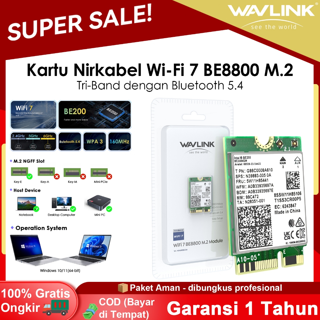 Jual WAVLINK WiFi 7 Wireless Card, 8774Mbps Tri-Band BE200 M.2 NGFF Network Module with ...