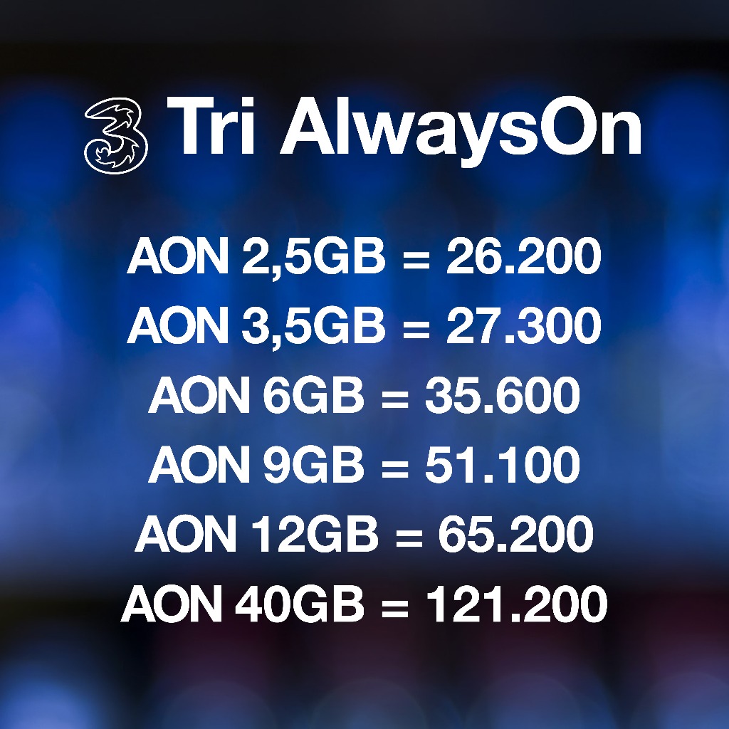 Jual Kuota Tri 3 Three AON 2,5GB 3,5GB 6GB 9GB 12GB 40GB Always On ...