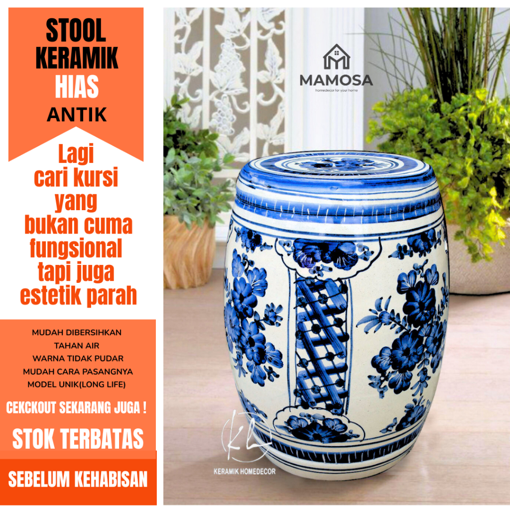 Jual Stool Keramik Lukis Biru Putih 34-36cm | Bangku Hias Vintage Etnik ...