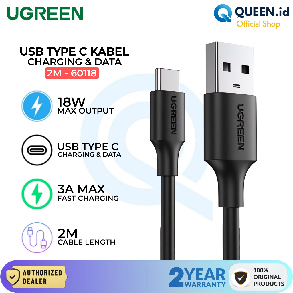 Jual UGREEN Kabel Data Charger USB TYPE C 3A 2M 200cm Fast Charging QC 3.0 - 60118 | Shopee ...