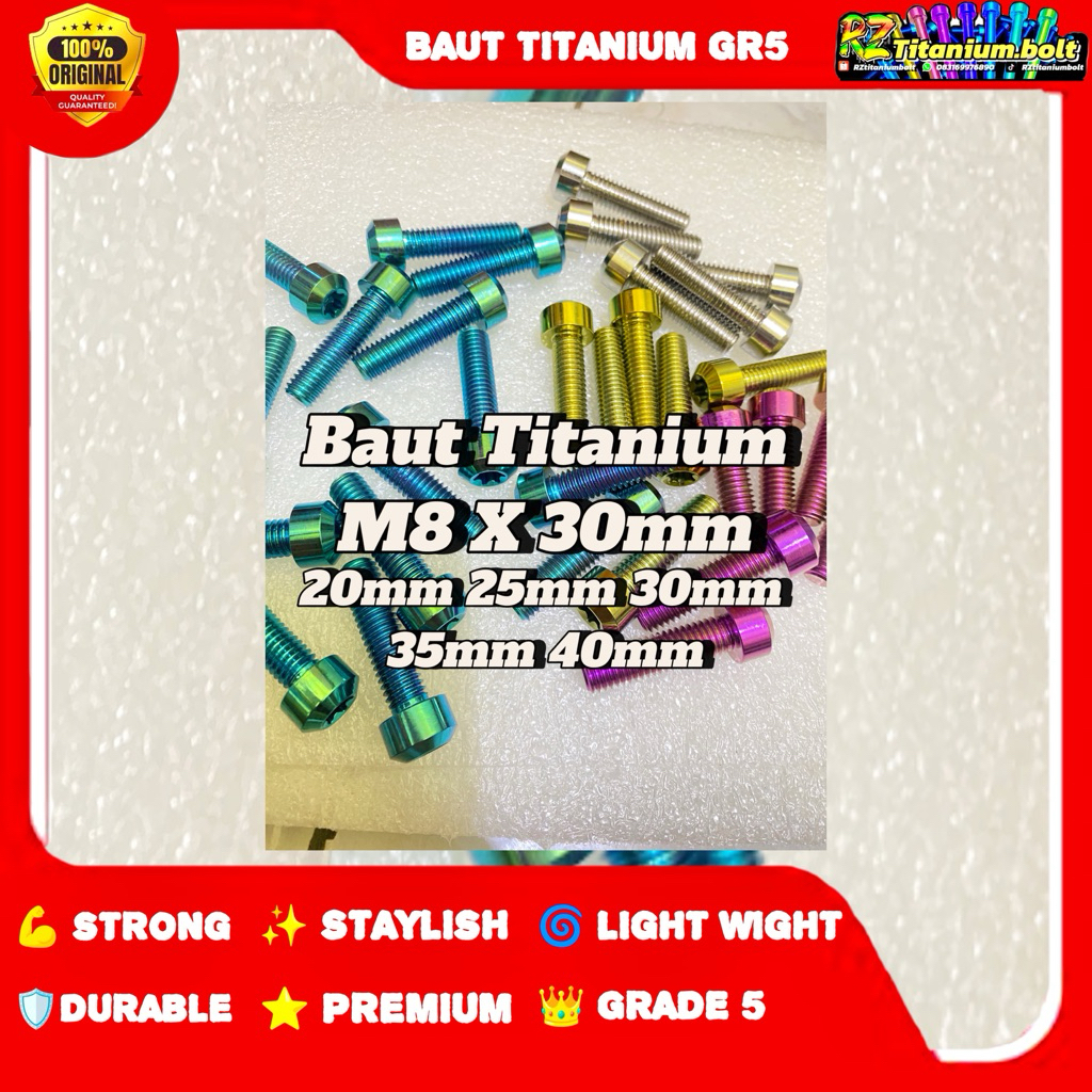 Jual Baut Titanium M8 x 30mm 35mm 40mm Drat 12 panjang 2cm 2.5cm 3cm 3.5cm 4cm 20 25 30 35 40 ...