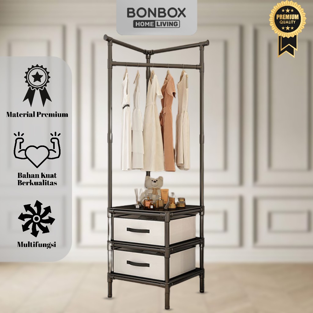 Jual BONBOX Floating Shelf Black Rak Gantungan Baju Stand Hanger Lemari ...