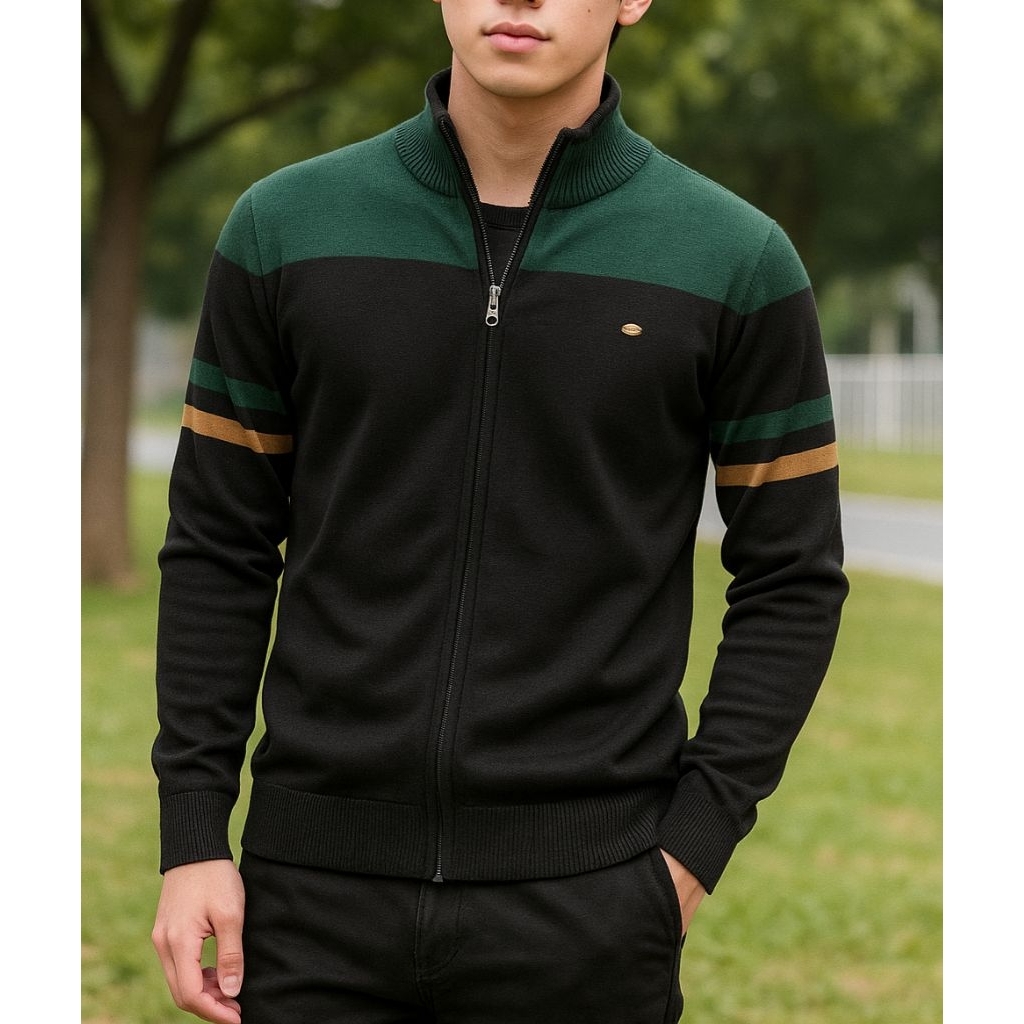Jual jaket sweater rajut resleting strip full pria | Shopee Indonesia
