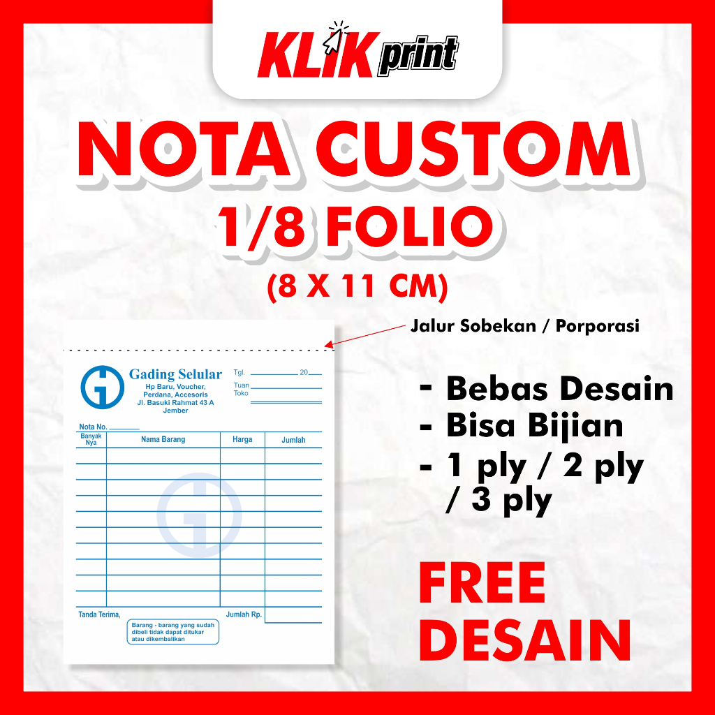 Jual Nota Satuan 1/8 Folio | 8 X 11 CM | Nota Custom Bijian Free Desain ...