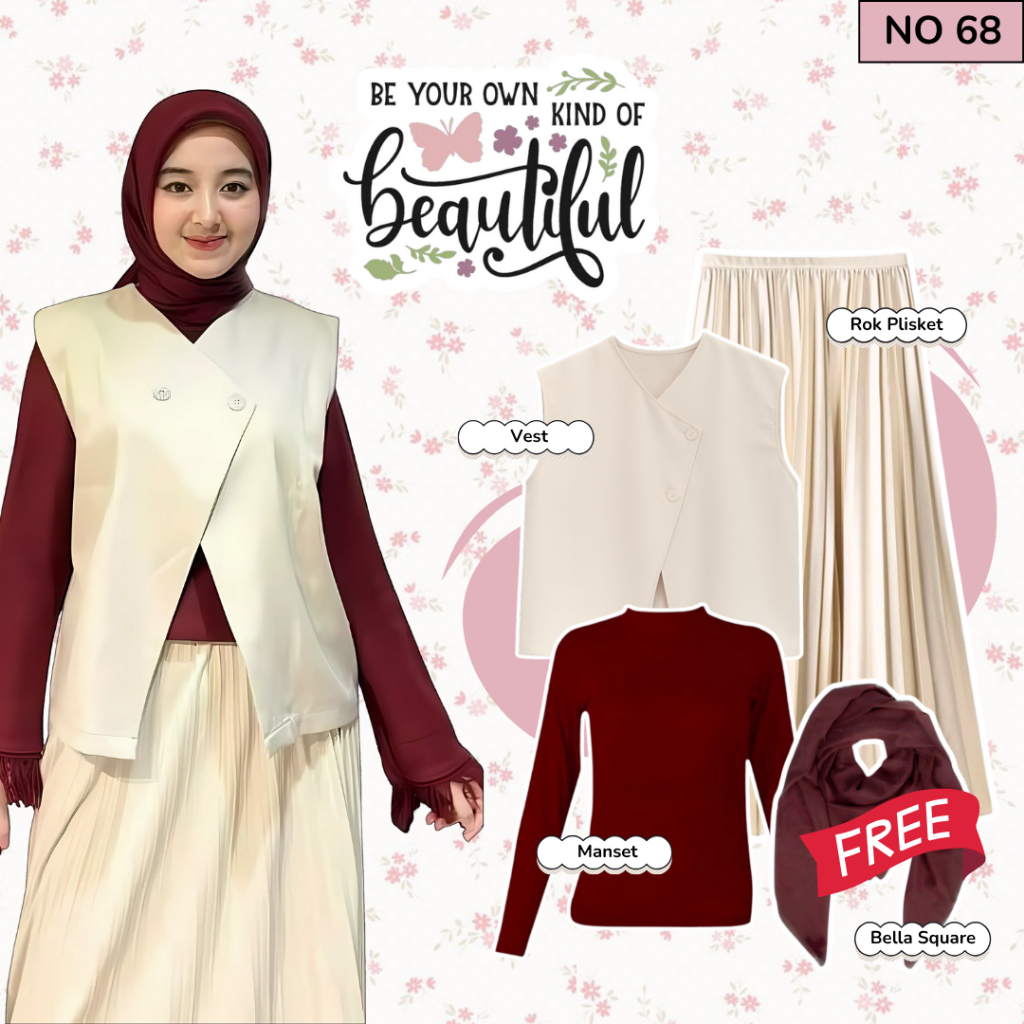 Jual Outfit Hijab Satu Set Rok (Vest Ivory, Rok Plisket Cream, Manset ...