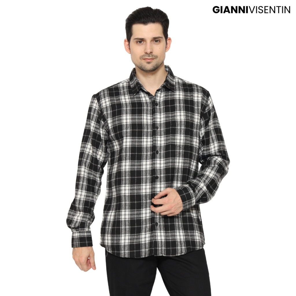 Jual Gianni Visentin Kemeja Flanel Pria Kotak Kecil Slim Fit - Hitam ...