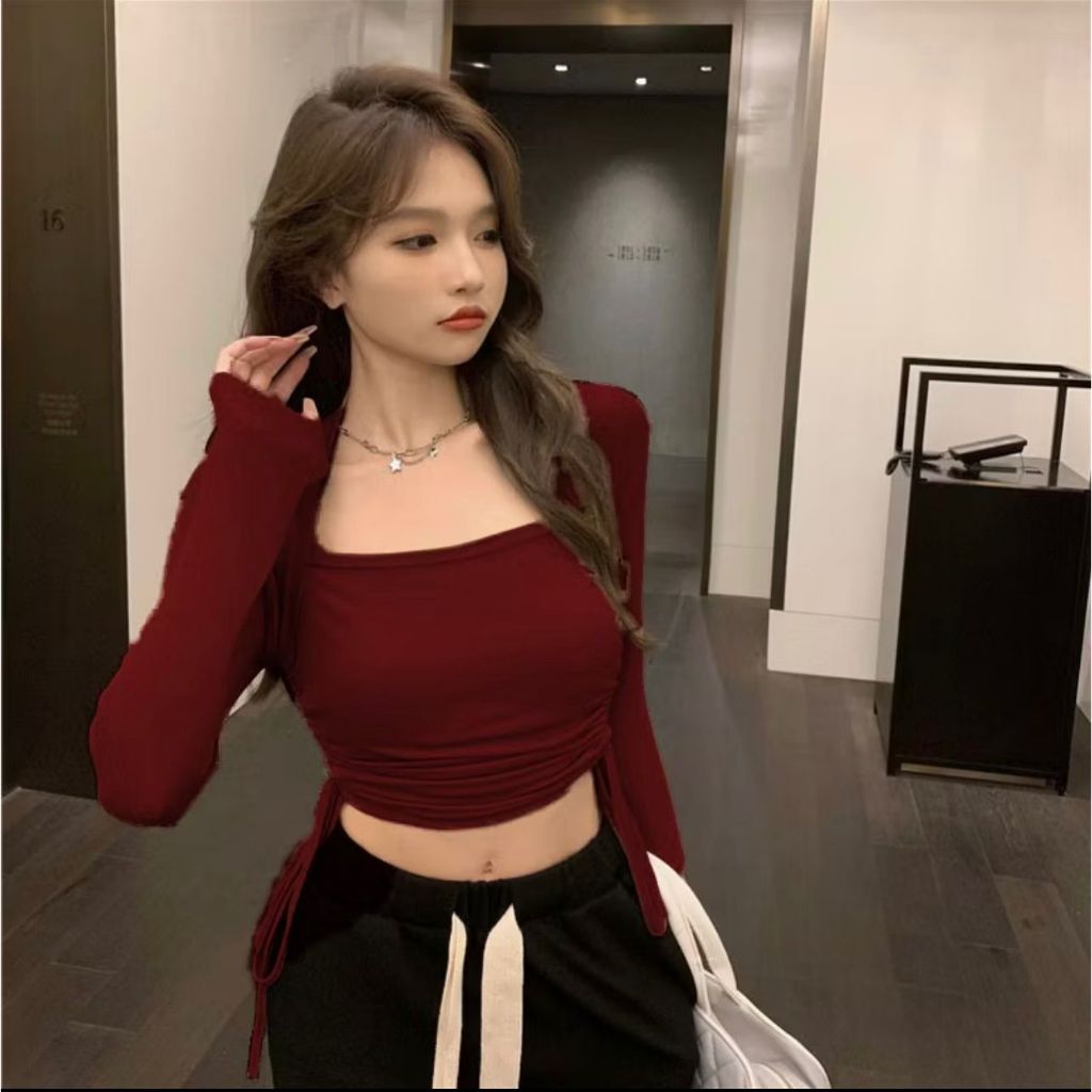Jual lisz fashion / crop top serut lengan panjang / kaos wanita polos ...