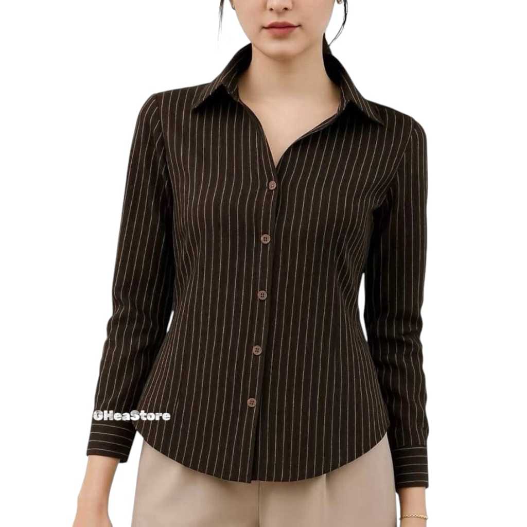 Jual Luna Stripe Kemeja Fitted TERLARIS!! - Kemeja Wanita Fitted Atasan Wanita Stripe Salur ...