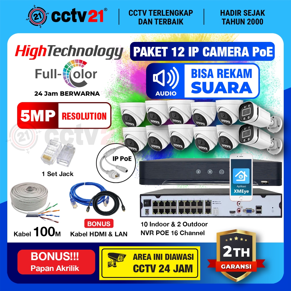 Jual Paket CCTV 12 IP Camera 12CH 5MP Audio Full Color PoE ColorVu NVR ...
