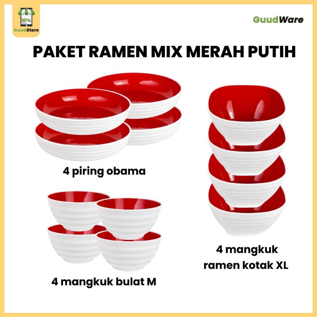Jual 12 Pcs set Paket Ramen mix merah putih / piring mangkuk Ramen ...