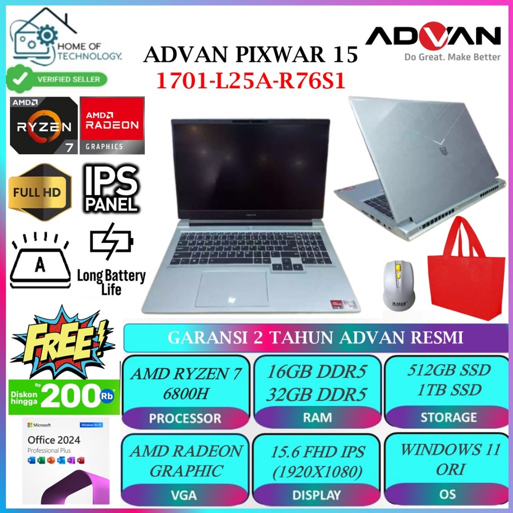 Jual Laptop Advan Pixwar 15 AMD RYZEN 7 6800H 32GB DDR5 1TB NVME 15 FHD ...