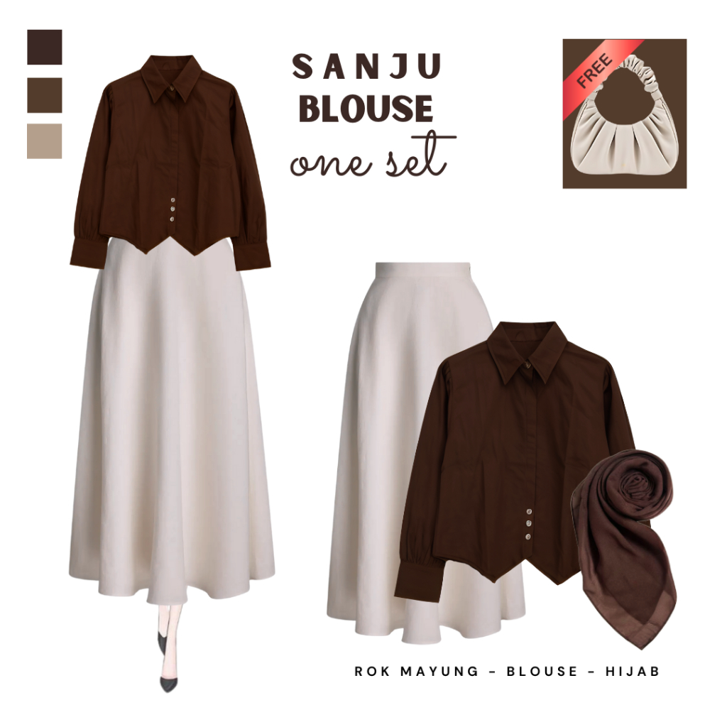 Jual One Set Wanita Korean Style Hijab OOTD (Blouse Coffee Linen, Rok ...