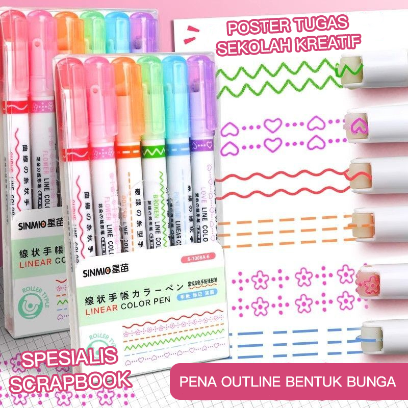 Jual Spidol Warna 6 Warna Penyorot/Garis Besar Bunga bergelombang motif ...