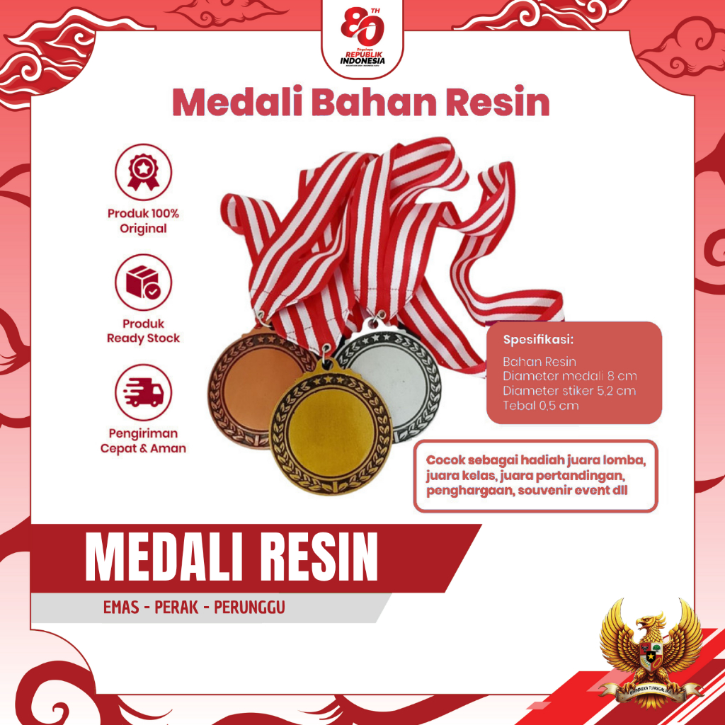 Jual Medali Warna Emas Perak Perunggu Plus Tali Merah Putih Medalion ...