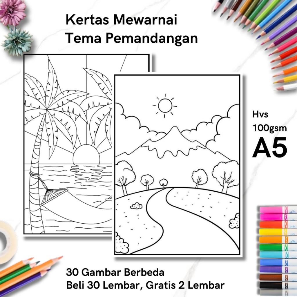 Jual 30 Lembar Kertas Gambar Mewarnai Tema Pemandangan A5 - Aktivitas ...