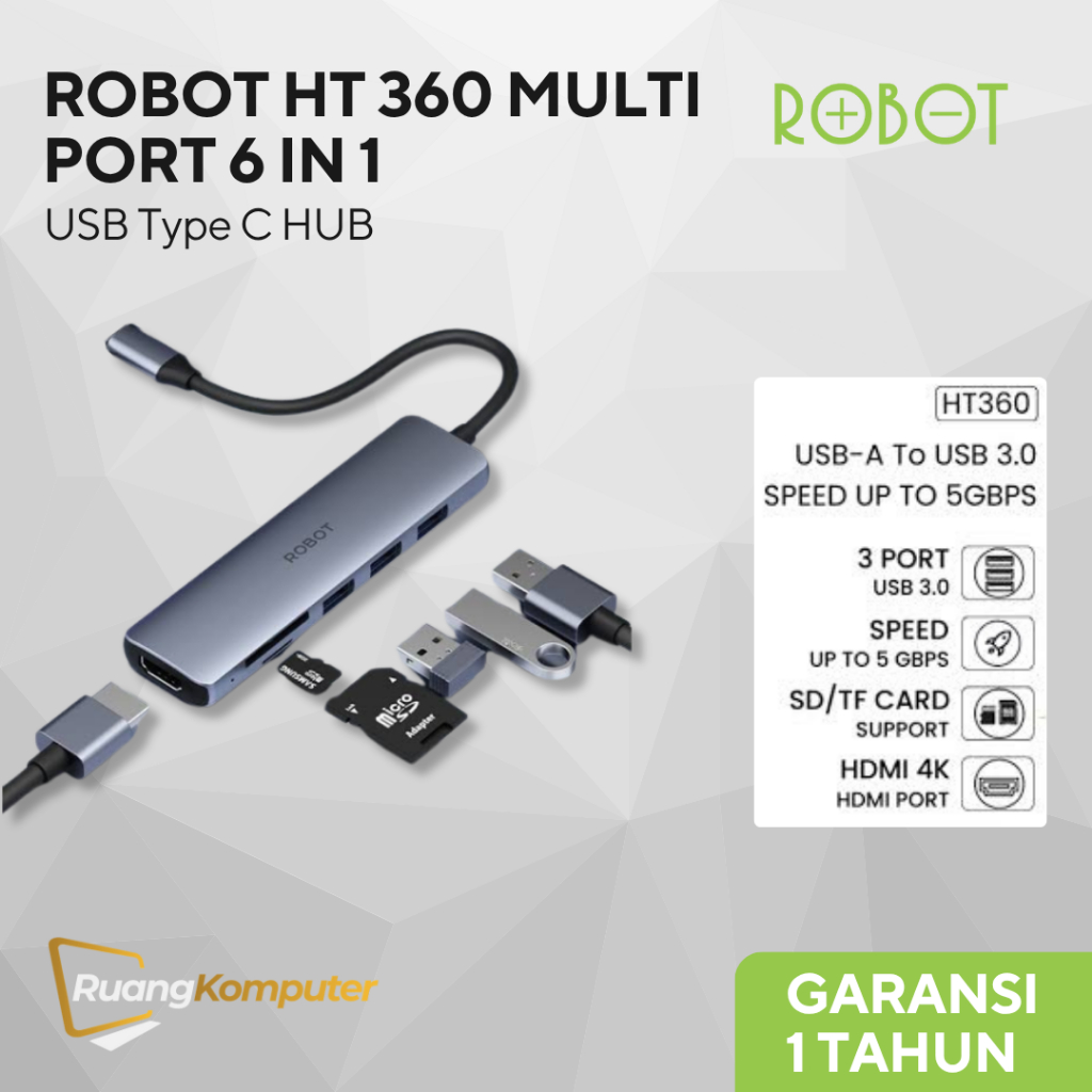 Jual ROBOT HT360 USB HUB MULTIPORT 6IN1 USB, TYPE C, SD CARD, MICRO SD ...