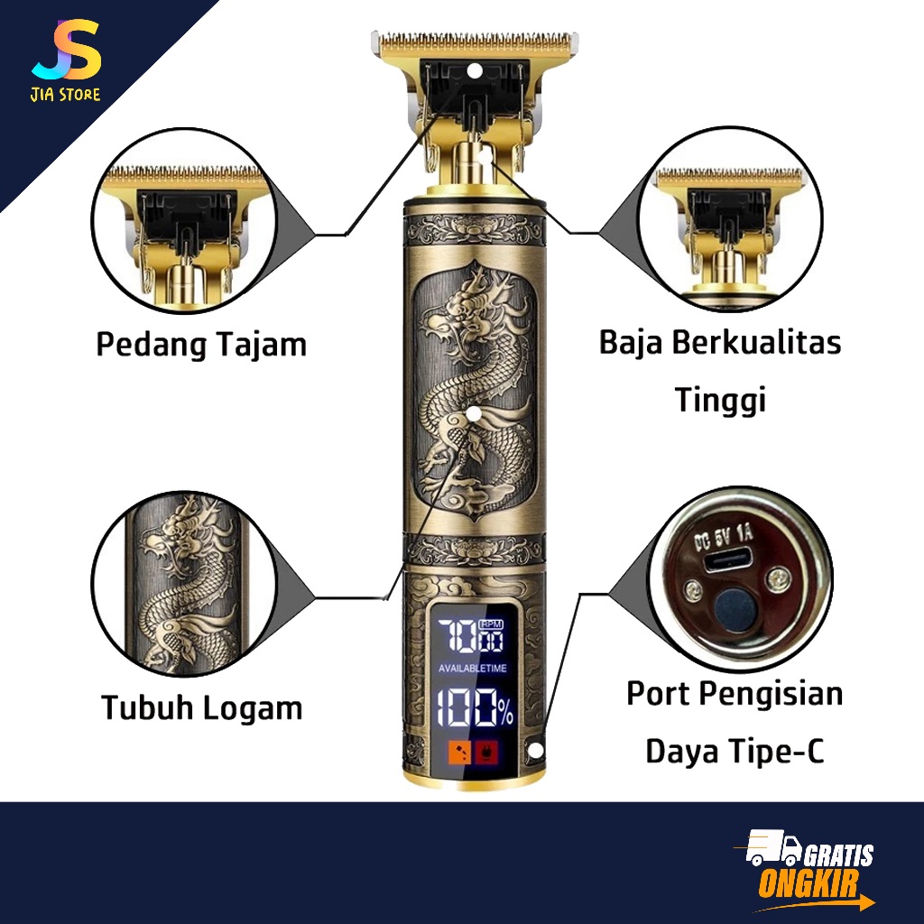 Jual Alat Cukur Kumis dan Jenggot Mesin Cukur Rambut Electrik Naga LED Bahan Besi Vintage T9 ...