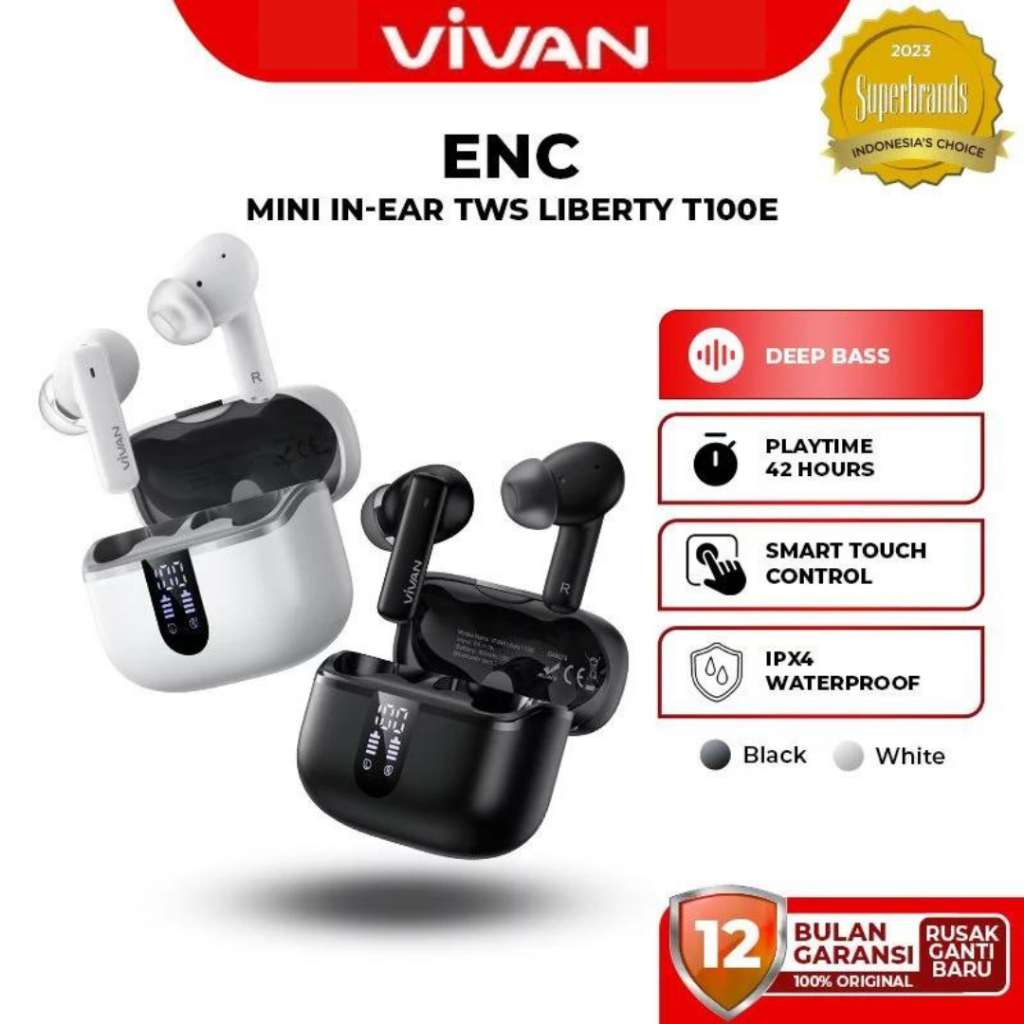 Jual VIVAN LIBERTY T100E TWS EARPHONE HEADSET BLUETOOTH 5.3 DEEP BASS ...