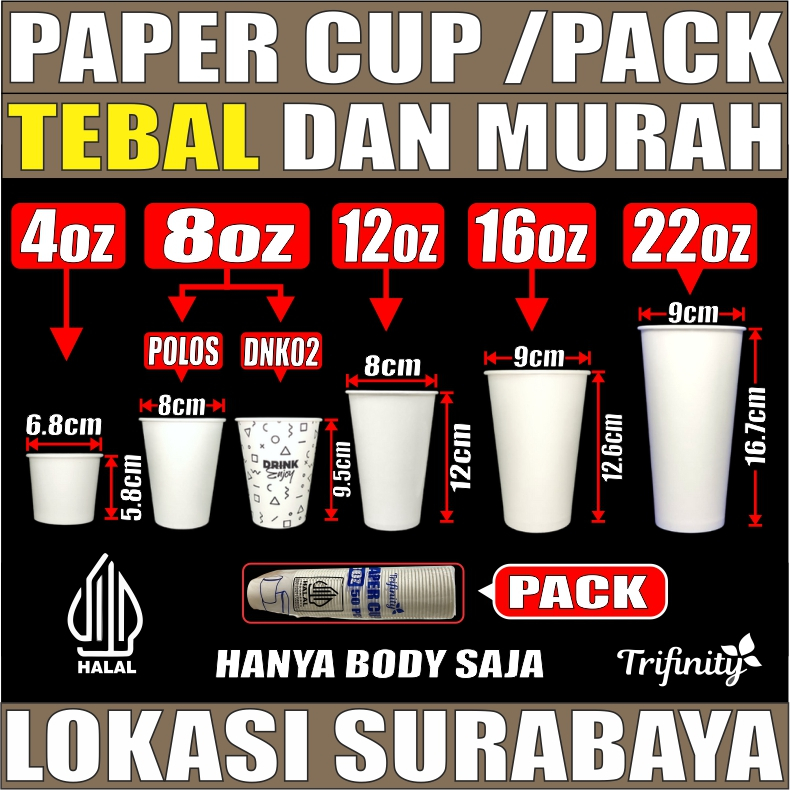 Jual Paper Cup HALAL Tebal 4oz 120ml 8oz 240ml 12oz 360ml 16oz 480ml 22oz Pack Gelas Kertas ...