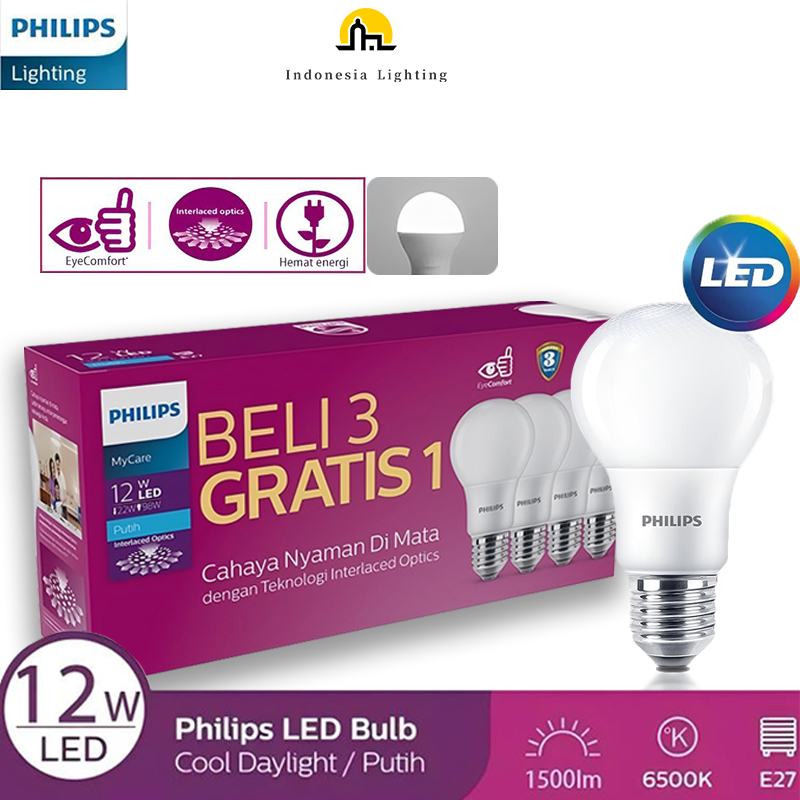 Jual Philips LED Bulb 12W E27 6500K Putih 4 pcs,perlindungan mata ...