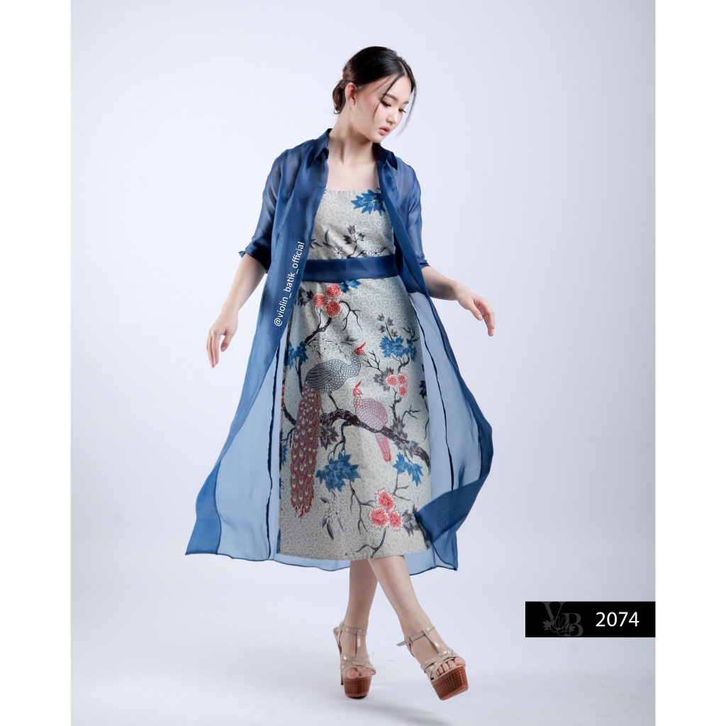 Jual Dress Batik Katun Merak Biru Outer Panjang 2074 | Shopee Indonesia