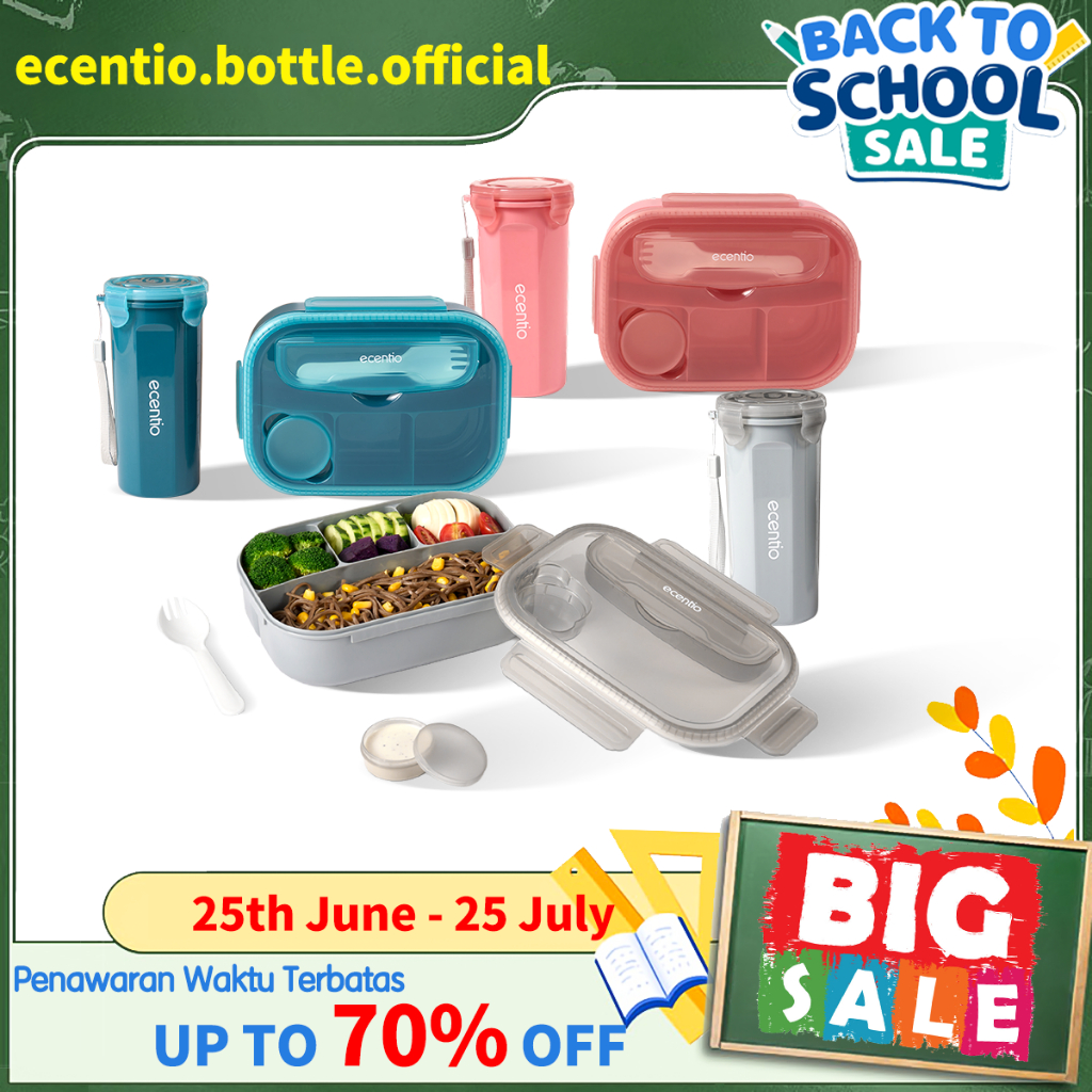 Jual ecentio tempat makan set anti tumpah 1200ml+botol minum 500ml Kotak Bekal Makan 4 sekat BPA ...