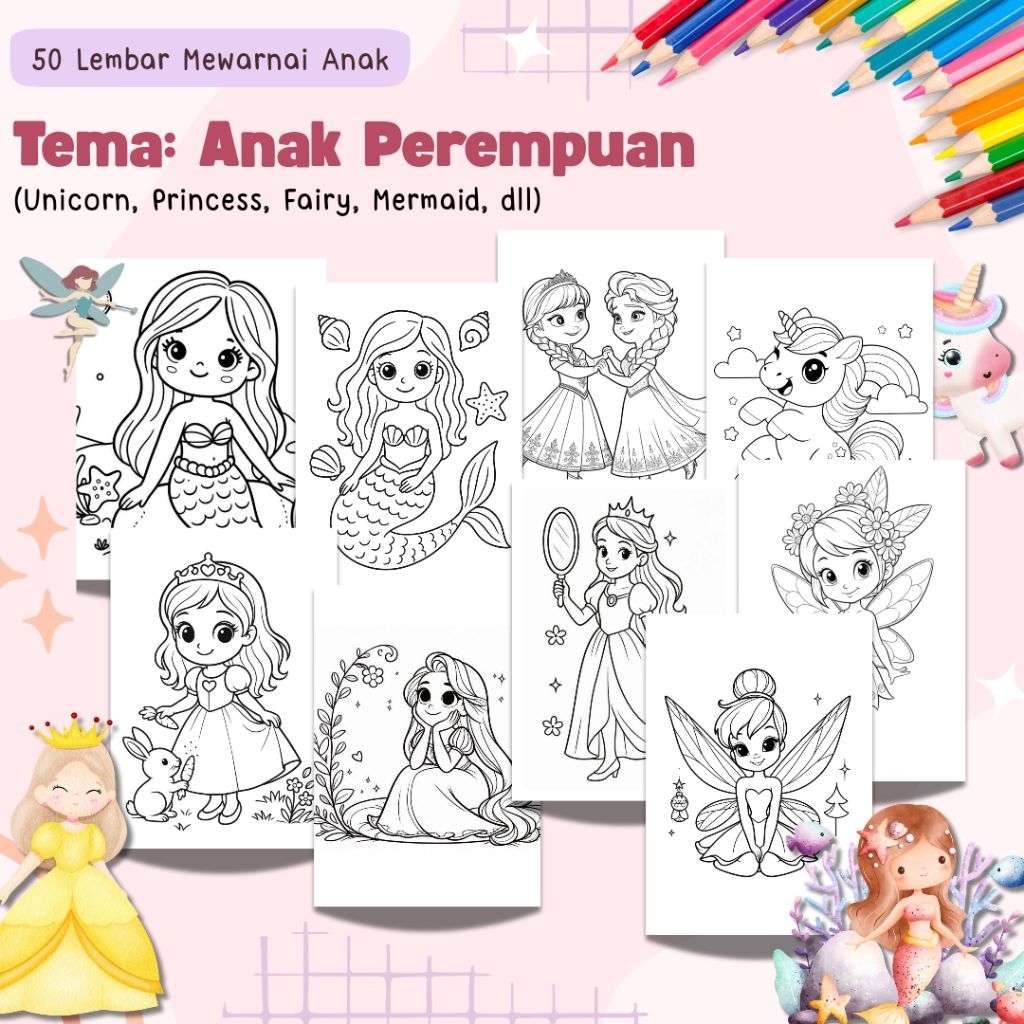 Jual TERMURAH!! 50 Lembar Mewarnai Anak Perempuan (UNICORN, PRINCESS ...