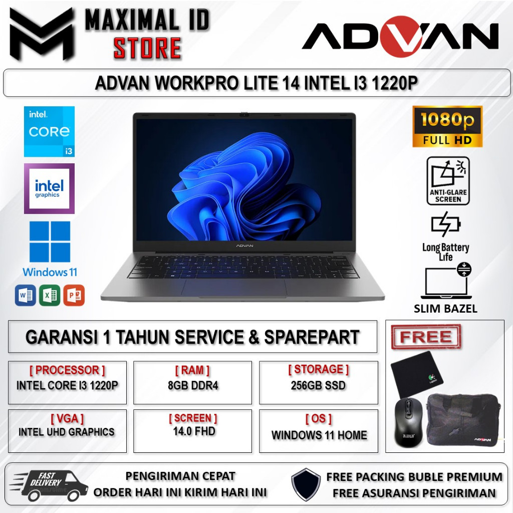 Jual Advan WorkPro Lite Intel i3-1220P 8GB SSD 256GB 14Inch FHD IPS ...