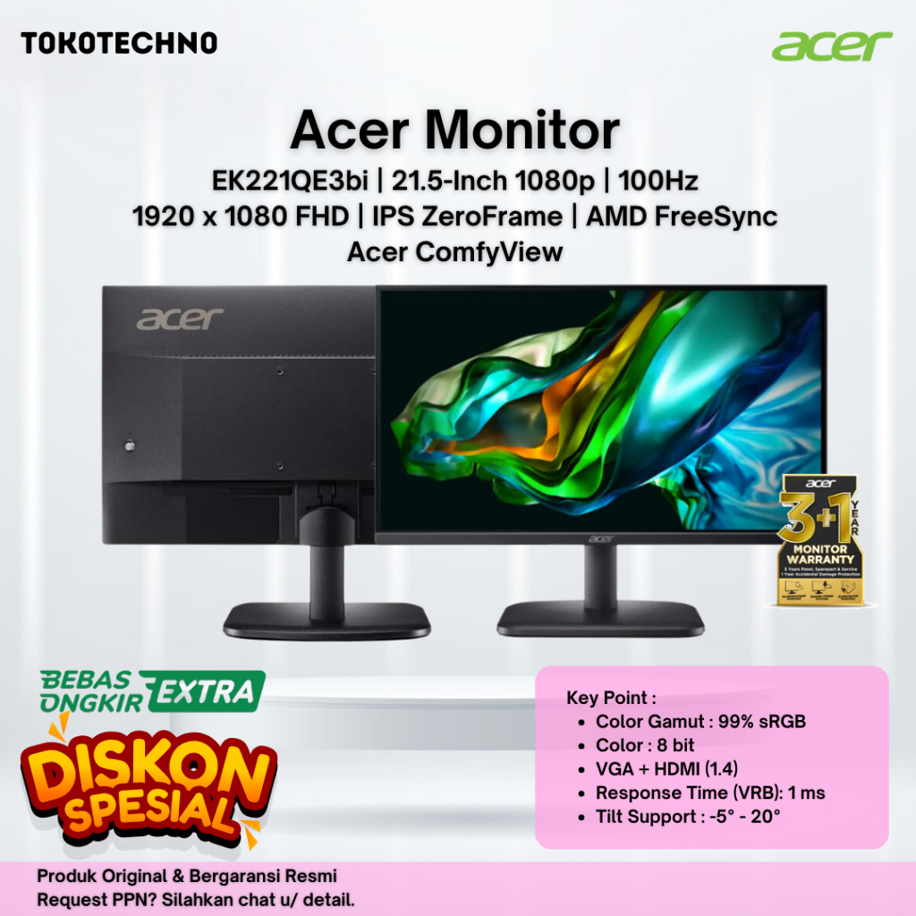 Jual ACER EK221QE3 22 Inch Monitor - FHD IPS 100Hz 1ms garansi resmi 3 ...