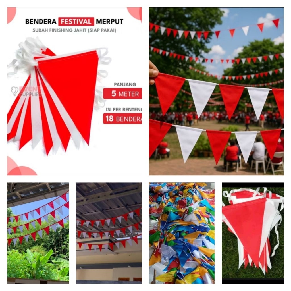 Jual Bendera Merah Putih Segitiga Renteng Bahan Kain - Bendera Hiasan Gang Panjang 5 meter ...