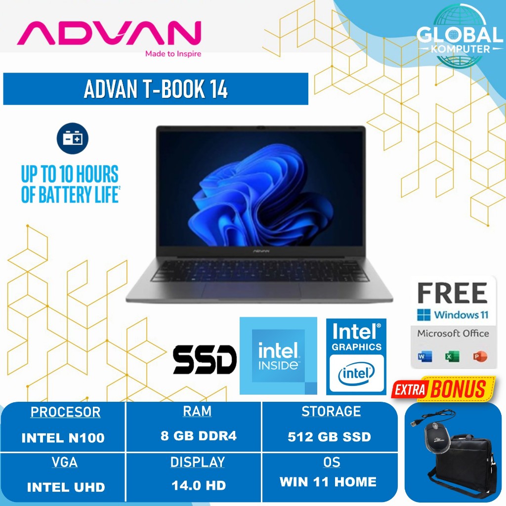Jual PROMO Advan Laptop T BOOK Intel N100 8Gb 512GB SSD 14" HD Free ...