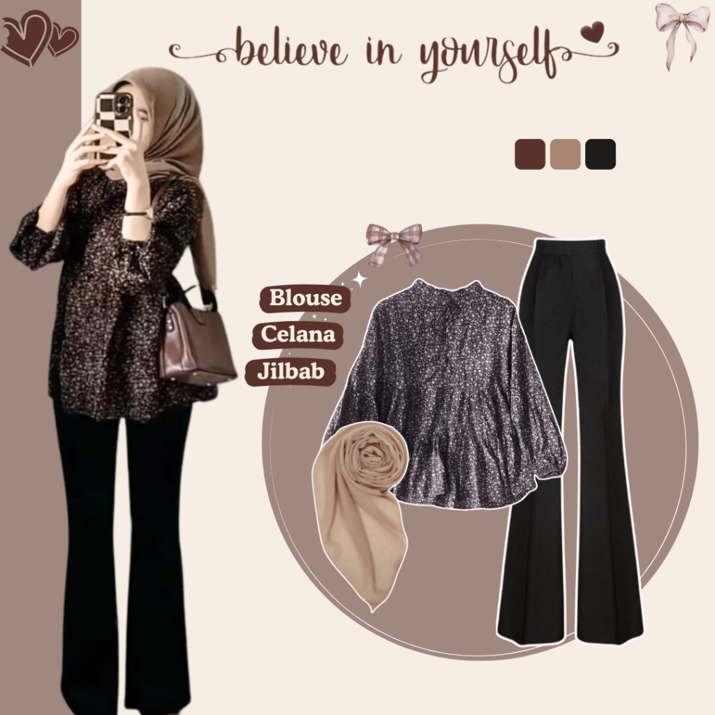 Jual Setelan Wanita Terbaru 2025 (Blouse - Celana Cutbray - Jilbab) One ...