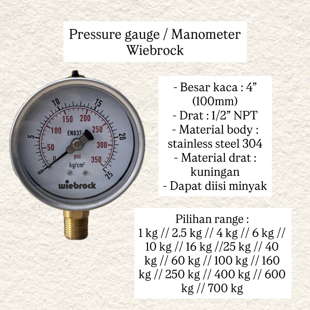 Jual Pressure Gauge 4" inch Drat 1/2" inch Manometer 4" inch Material ...