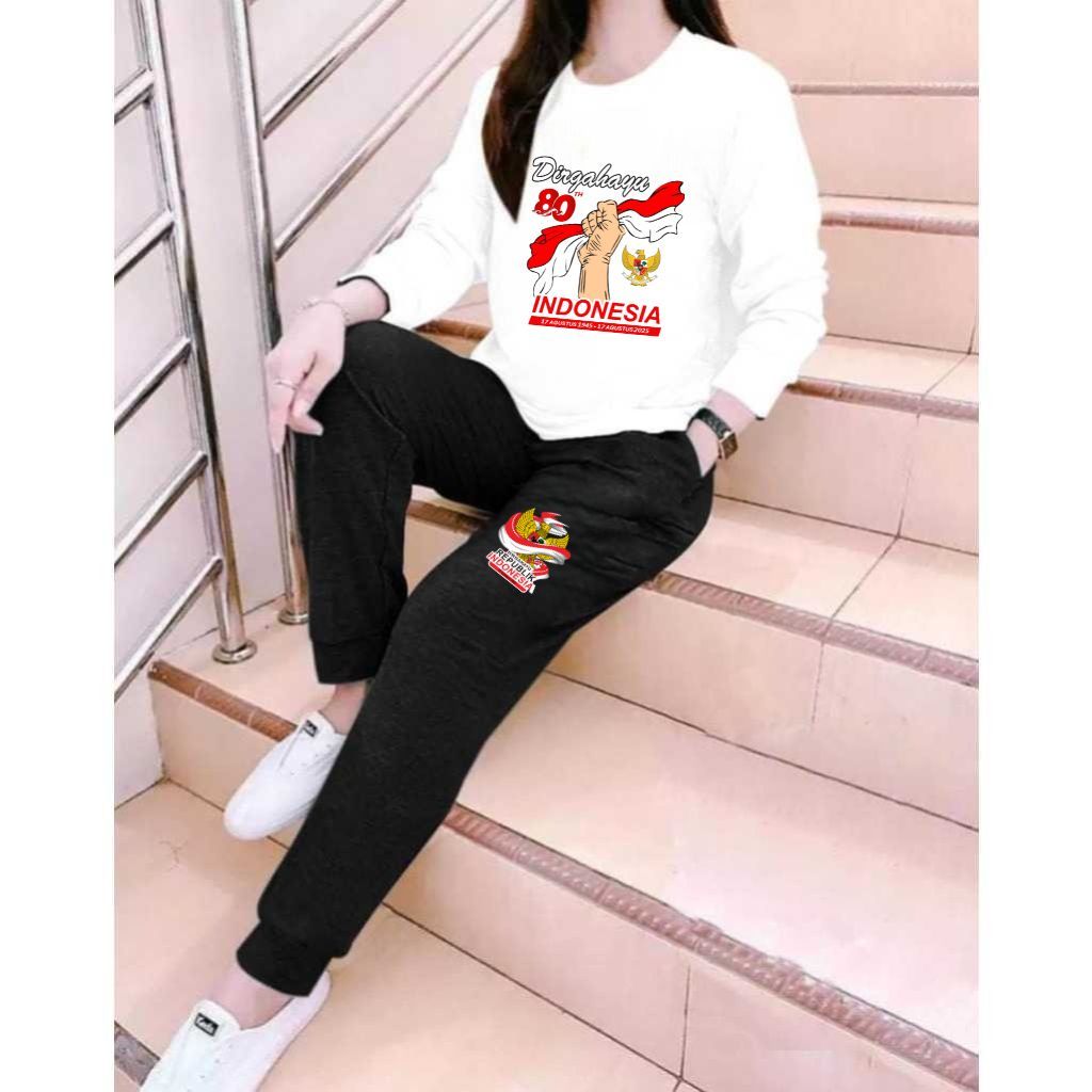 Jual Setelan Panjang Wanita Merah Putih Edisi Dirgahayu HUT RI Ke-80 Mukzhop Sweater / Jogger ...