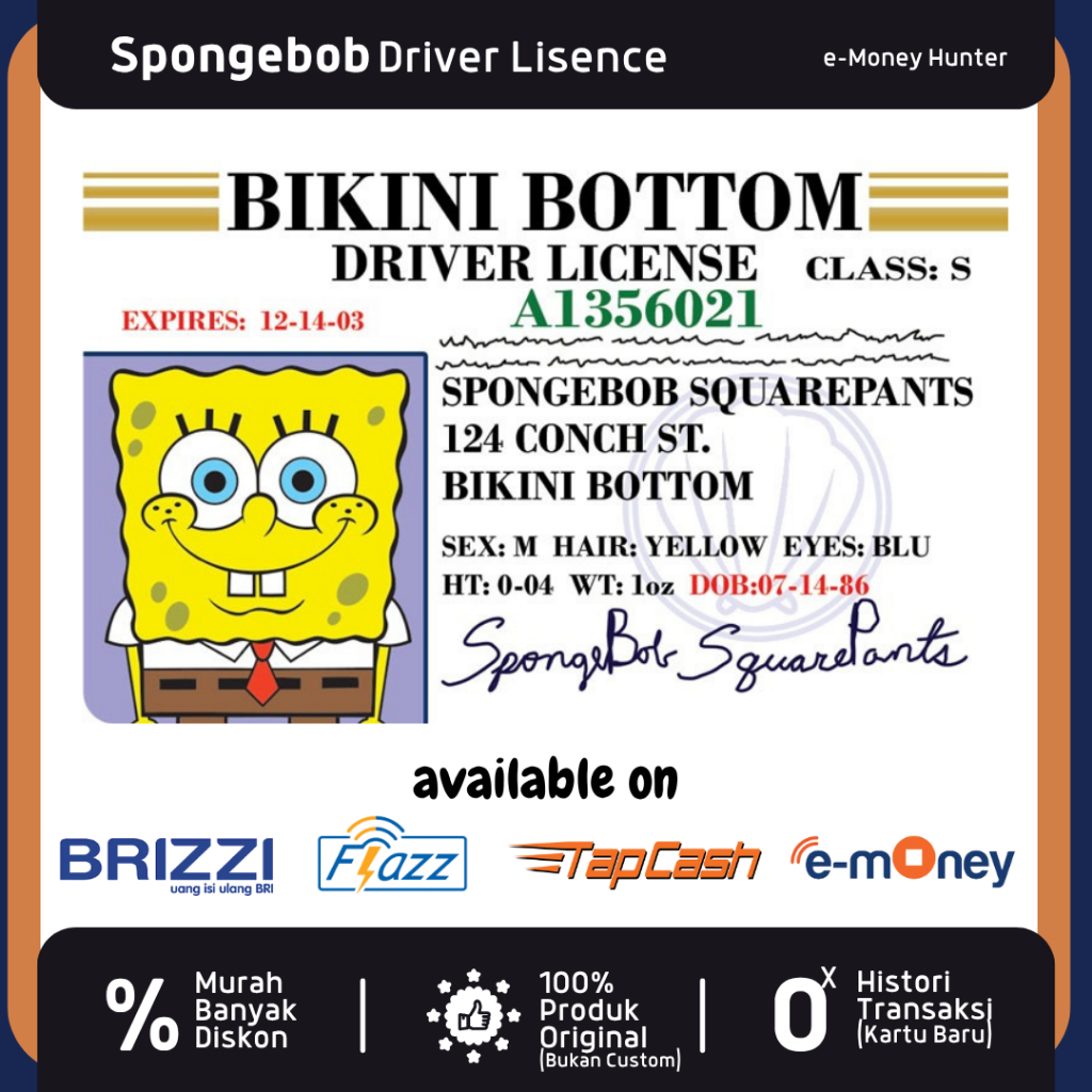 Jual SPONGEBOB Driver License SIM Spongebob Custom Doff eMoney Flazz ...